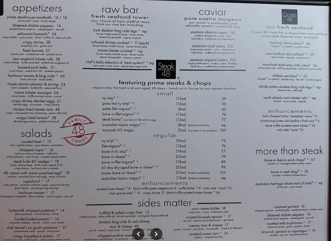 Steak 48 Del Mar Restaurant menu offers prime steaks, fresh seafood and ...